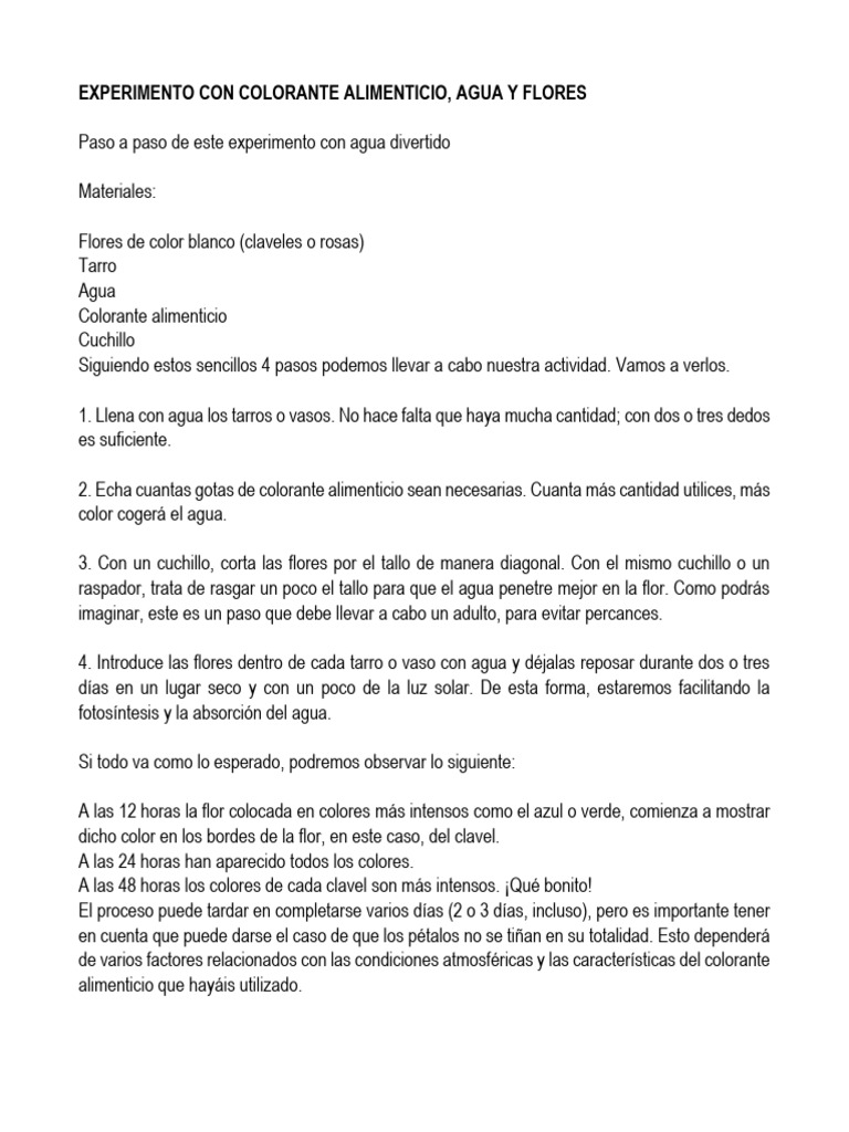 Colorantes y Flores Experimento | PDF | Agua | Plantas