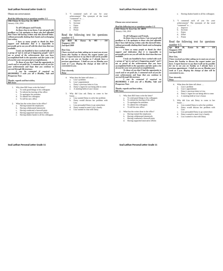 Grade 11 Personal Letter Quiz | PDF