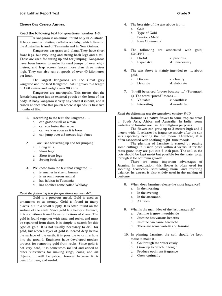 Grade 9 Report Text Practice Questions | PDF | Gold