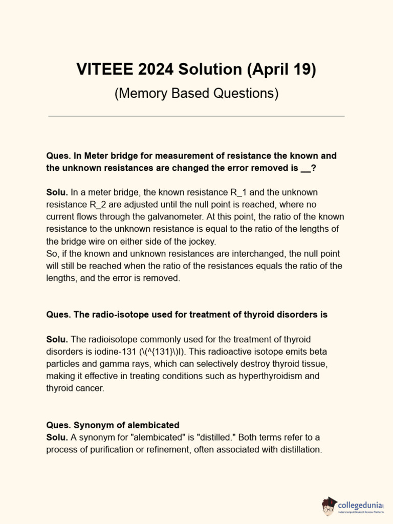 VITEEE 2024 Exam Solutions | PDF | Optical Fiber | Electronvolt