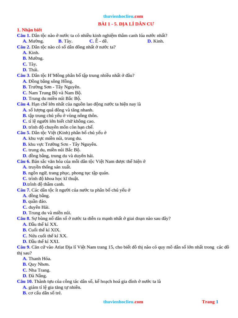 Trac Nghiem Dia 9 Ca Nam Theo Tung Muc Do | PDF