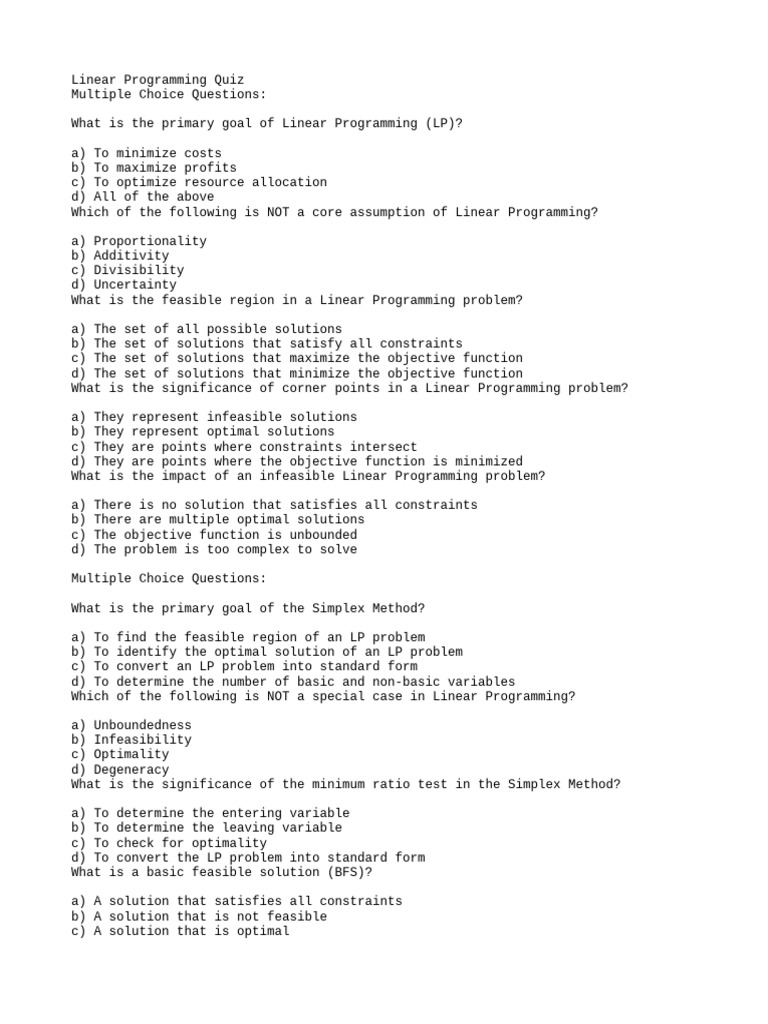 Linear Programming Quiz | PDF | Linear Programming | Mathematical ...