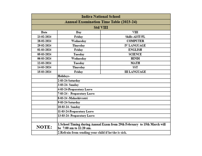 Std VIII - Annual Exam TimeTable 2023-24 | PDF
