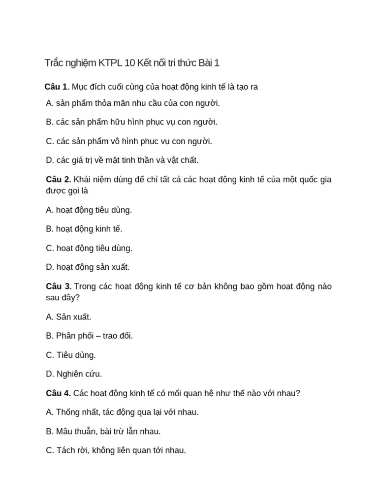 Trắc Nghiệm KTPL 10 Kết Nối Tri Thức Bài 1 | PDF