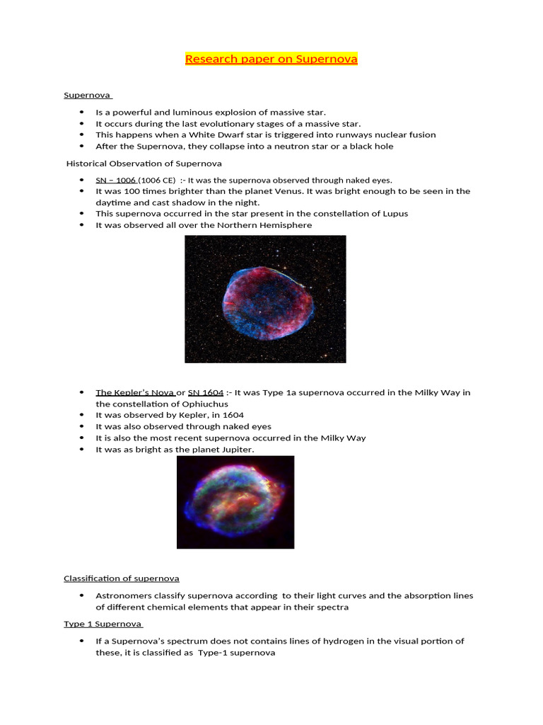 Supernova: Types and Historical Observations | PDF