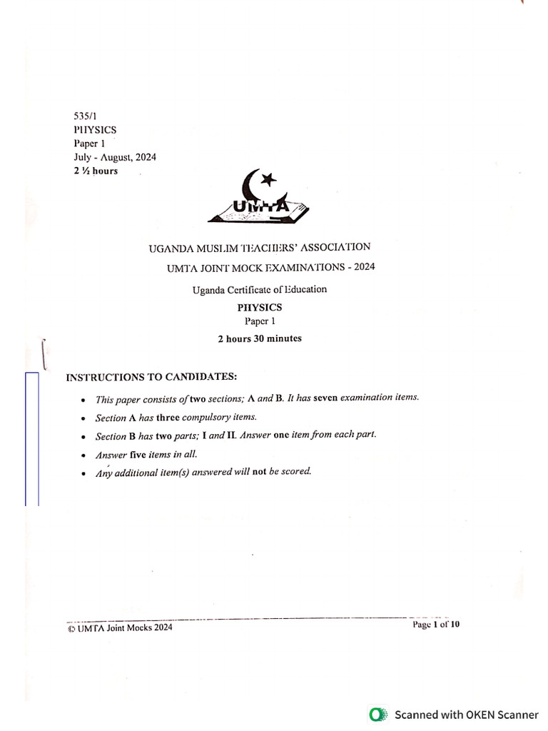 Umta Uce Physics P1 2024 1 | PDF