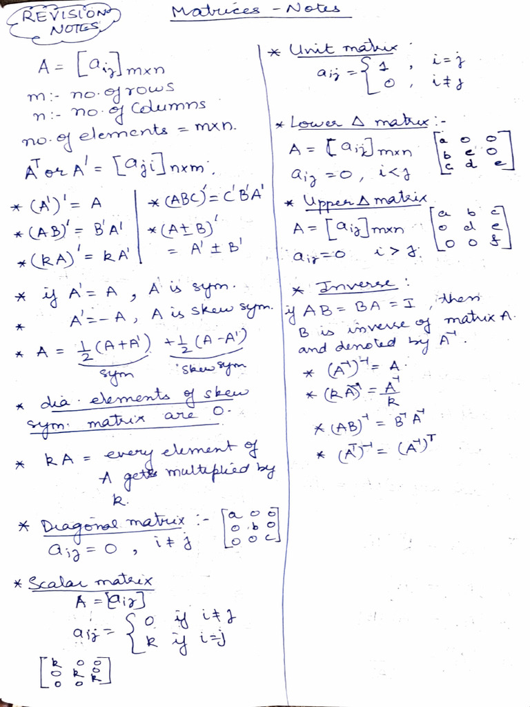 Revision Notes Matrices and Determinants | PDF