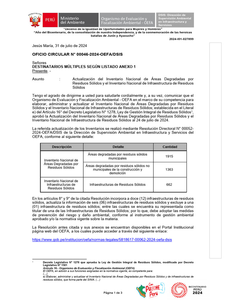 291759_Oficio Circular 00046-2024-DSIS (2) | PDF | Residuos