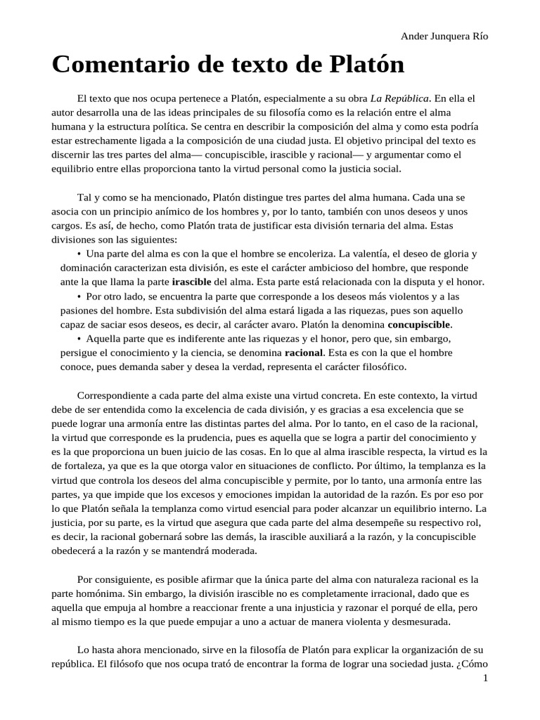 Comentario de texto Platón | PDF | Virtud | Platón