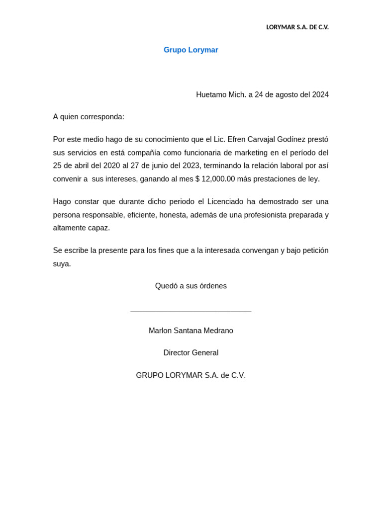 Carta Laboral Efren | PDF