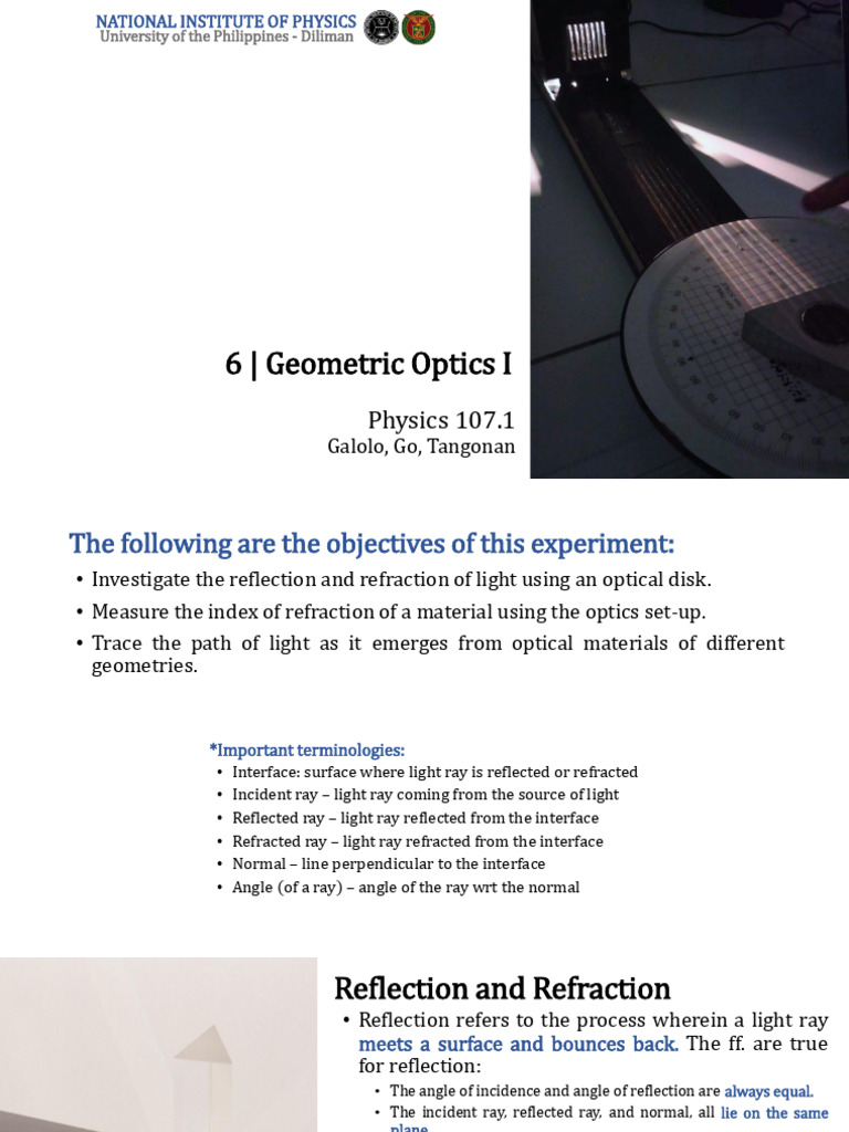 Experiment 6 PPT | PDF | Refraction | Reflection (Physics)
