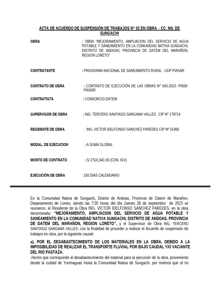 ACTA DE SUSPENSION OBRA N° 02, CC.NN DE SUNGACHI (1) | PDF | Hormigón | Ciencias de la Tierra