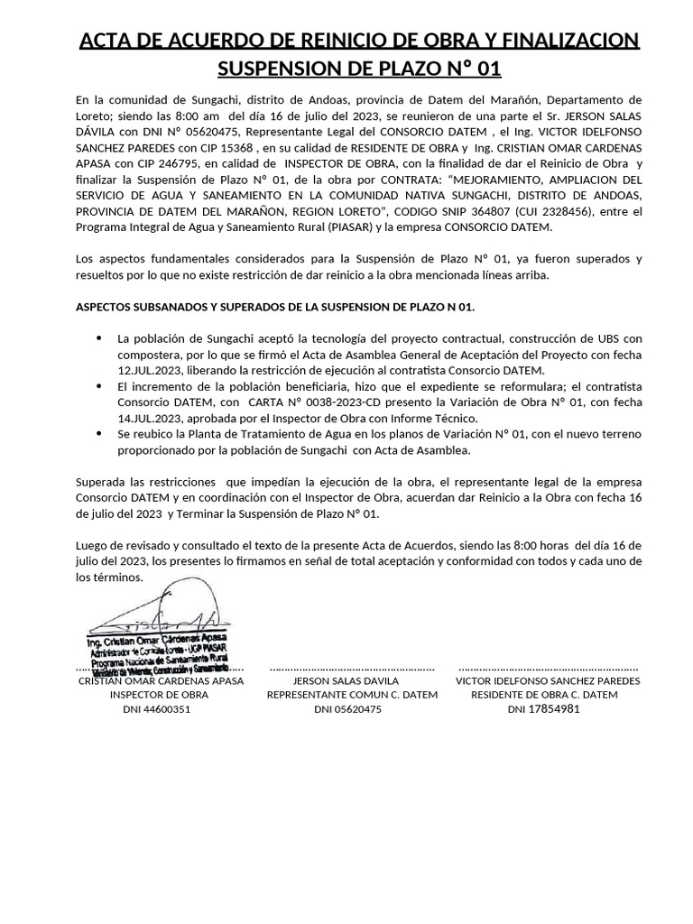 ACTA DE REINICIO DE OBRA Sungachi, Termino de La Suspension N 01 | PDF