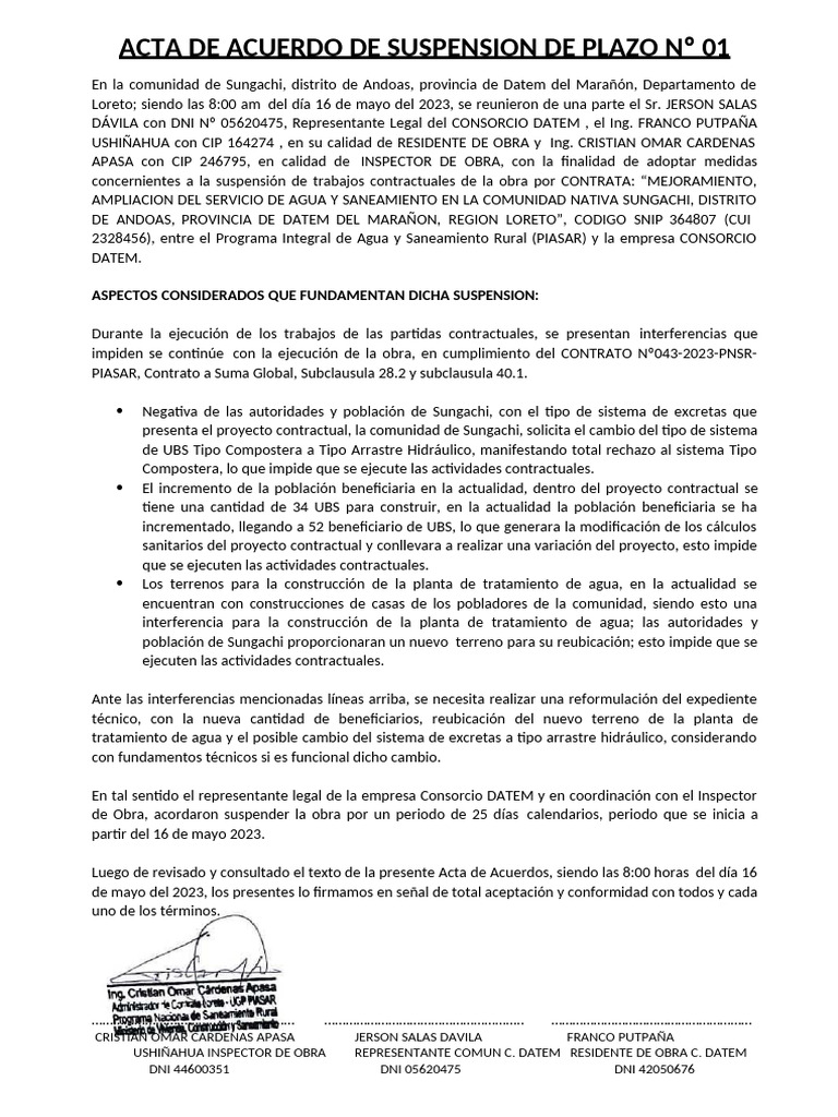 Acta de Suspension N 01 Sungachi | PDF