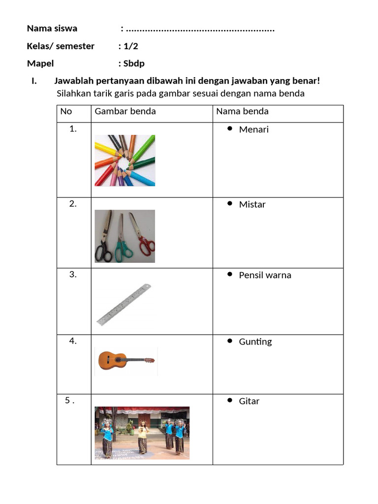 Soal SBDP Kelas 1 Semester 2 | PDF