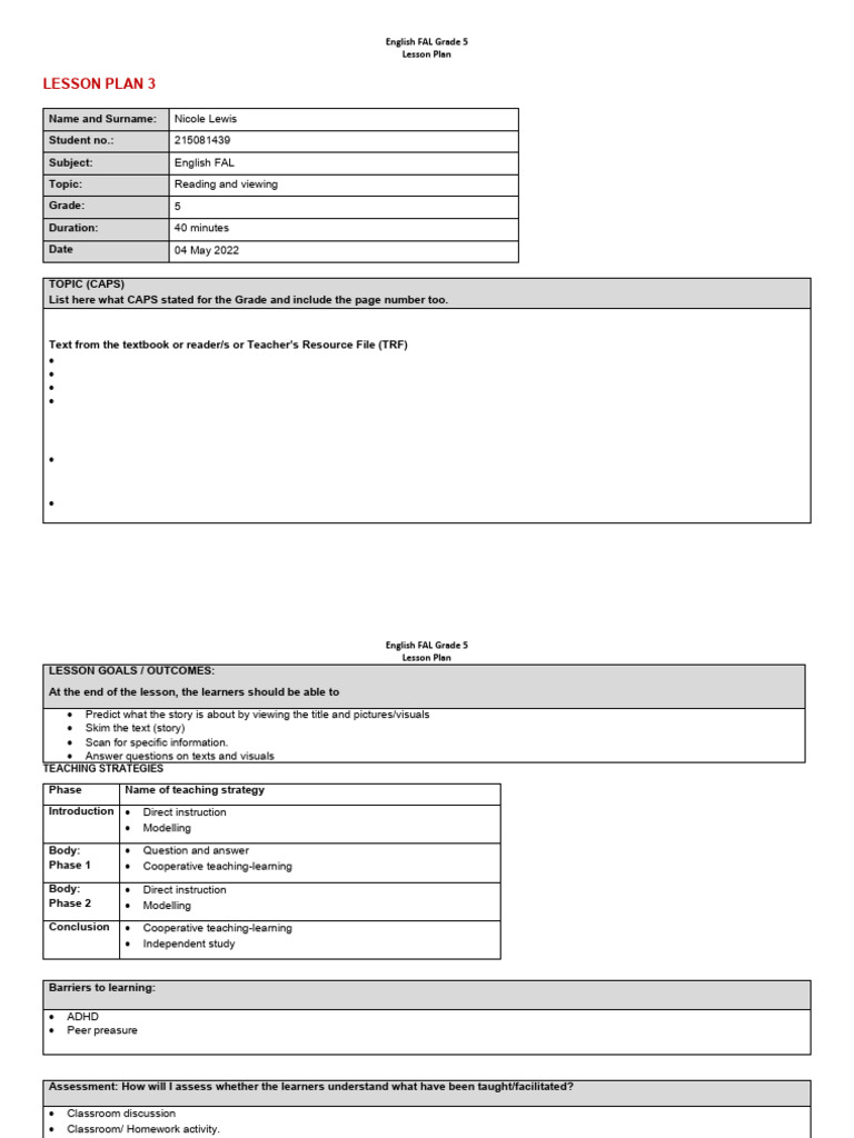 Efal Lesson 3 | PDF | Lesson Plan | Learning
