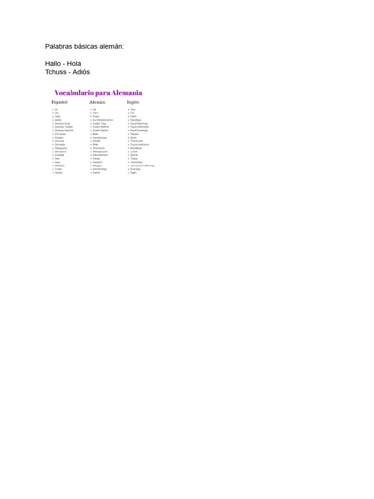 Palabras Básicas Alemán: Hallo - Hola Tchuss - Adiós | PDF