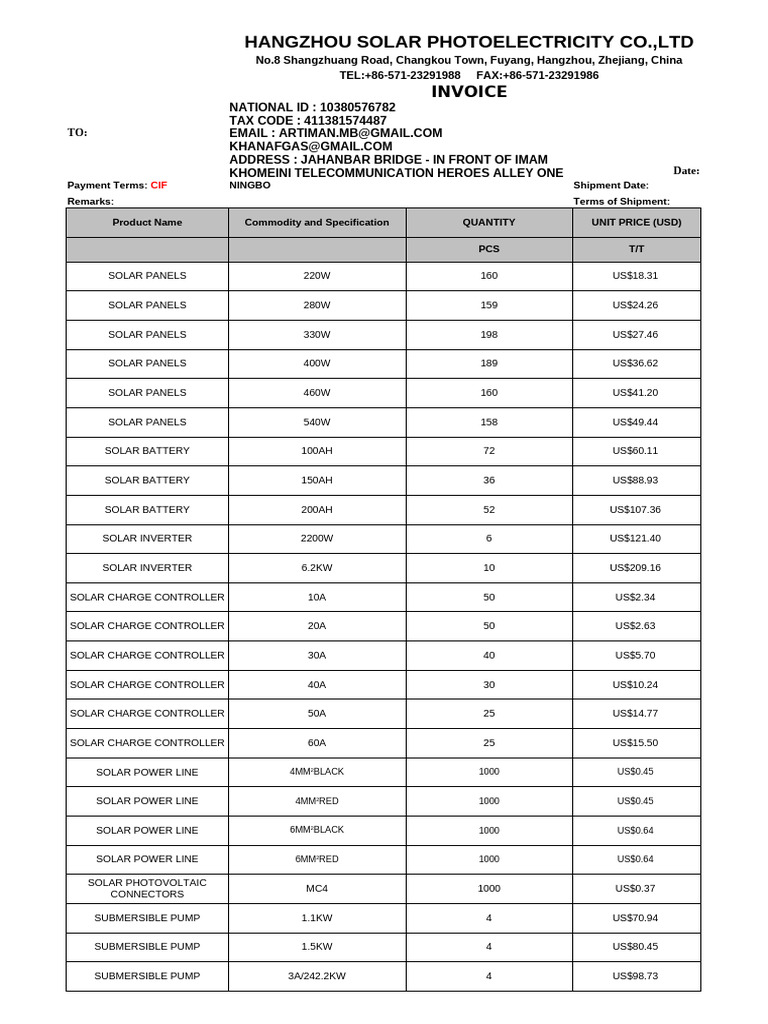 Invoice and Packing List Tgcu0037800阿富汗0516 | PDF | Solar Power ...
