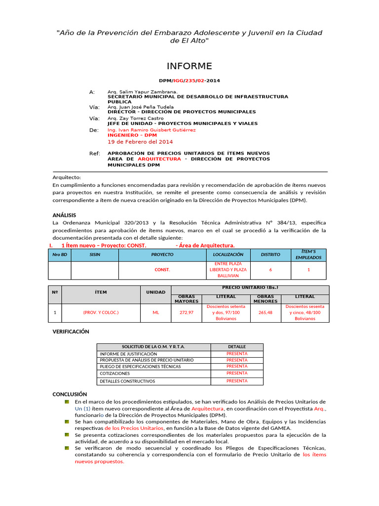 Formato Informe de Aprobacion Apus Nuevos | PDF