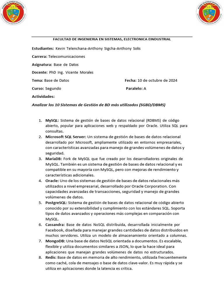 Análisis de 10 SGBD Más Usados | PDF | Bases de datos | Mi sql