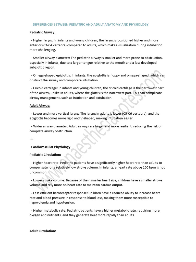 Adult and Paeds Differences | PDF | Respiratory System | Kidney