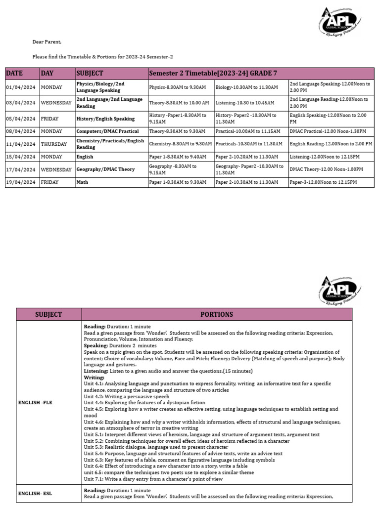 GR 7 SEMESTER-2 (2023-24) TIMETABLE & PORTION | PDF | Html | Adjective