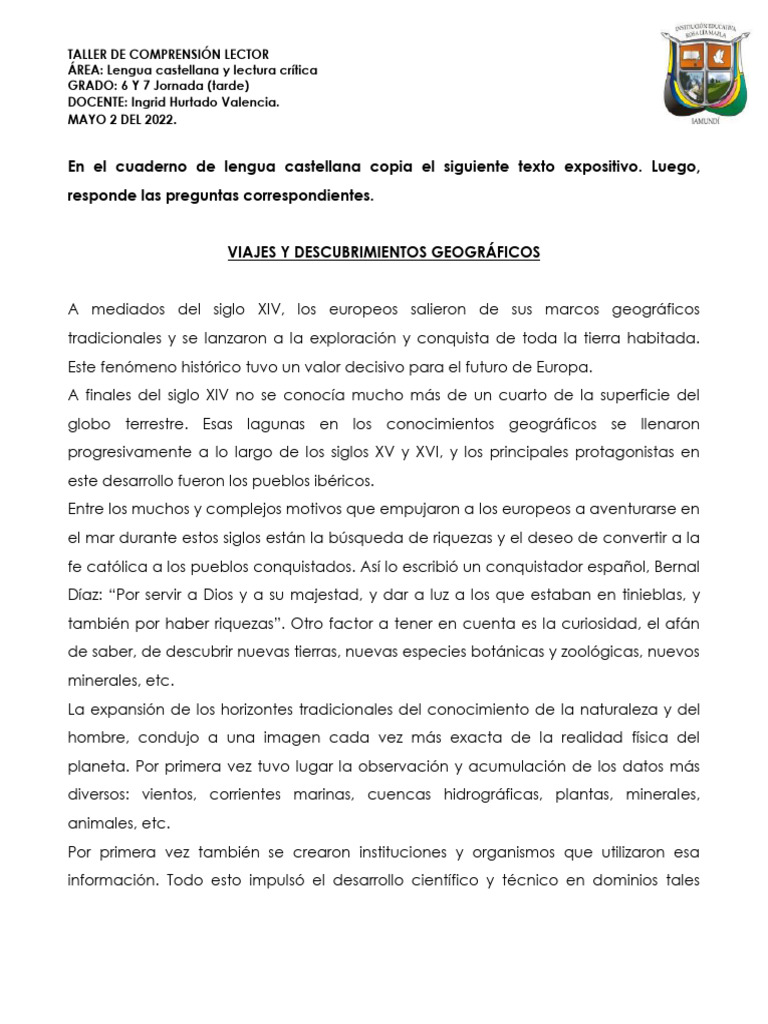 2 de Mayo TALLER DE COMPRENSIÓN LECTORA 6° Y 7° L.C IP 2022 | PDF