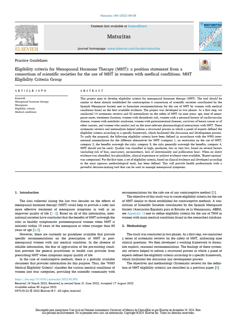 Eligibility criteria for Menopausal Hormone Therapy (MHT): a position ...