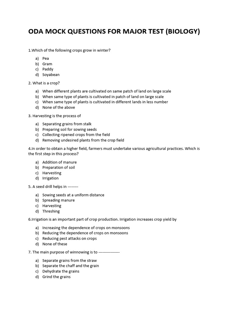 ODA MOCK QUESTIONS FOR MAJOR TEST (1) | PDF | Force | Cereals
