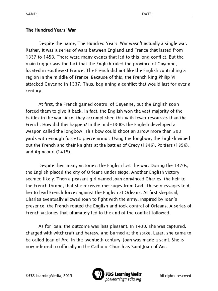 6.6 100 Years War Processing Activity | PDF | Joan Of Arc | Warfare Of ...