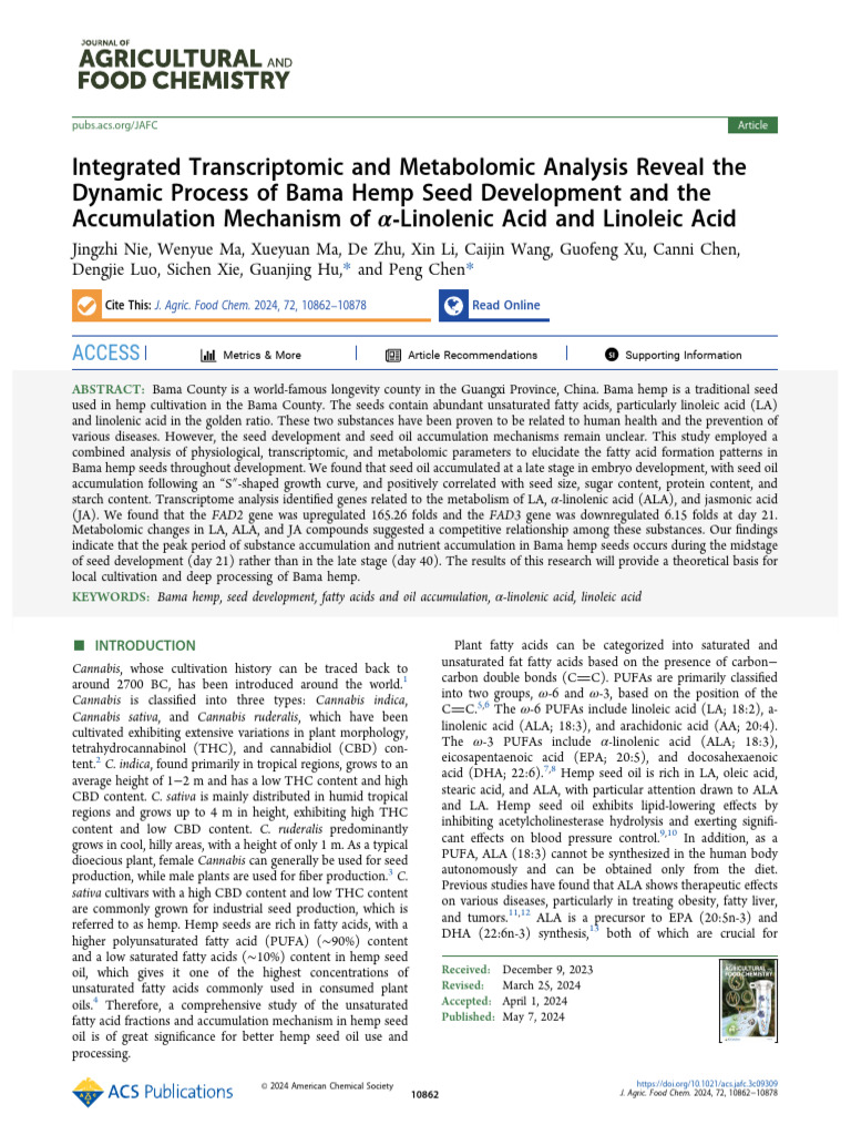 Integrated Transcriptomic and Metabolomic Analysis Reveal the Dynamic Process of Bama Hemp Seed ...