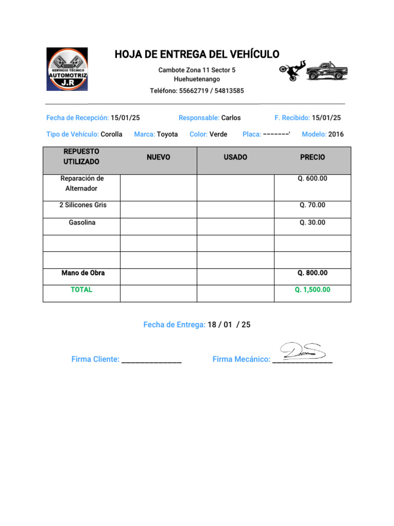 Hoja de Entrega de Vehículo - Corolla-Deick | PDF