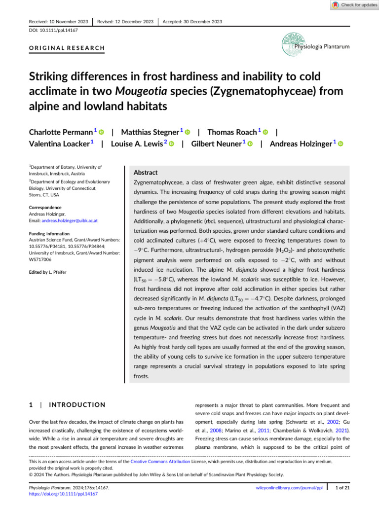 Striking differences in frost hardiness and inability to cold acclimate ...