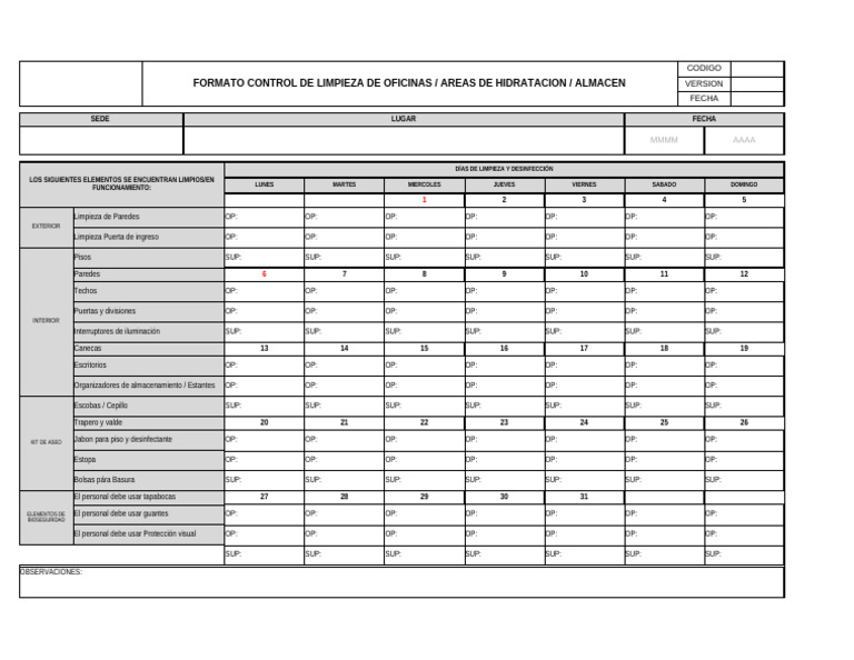 Control Limpieza Areas y Aseo | PDF