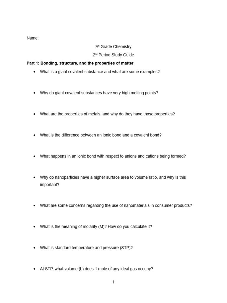 9th Grade Chemistry Study Guide: Bonding & Molarity | PDF | Mole (Unit ...
