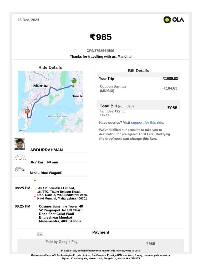 Ola Invoice - Borivali Station To Home | PDF
