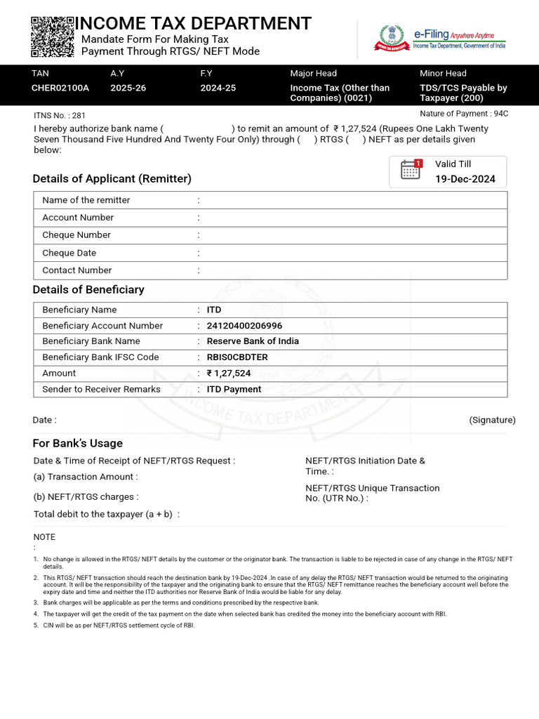 Income Tax Payment Mandate Form | PDF | Taxes | Banking Technology
