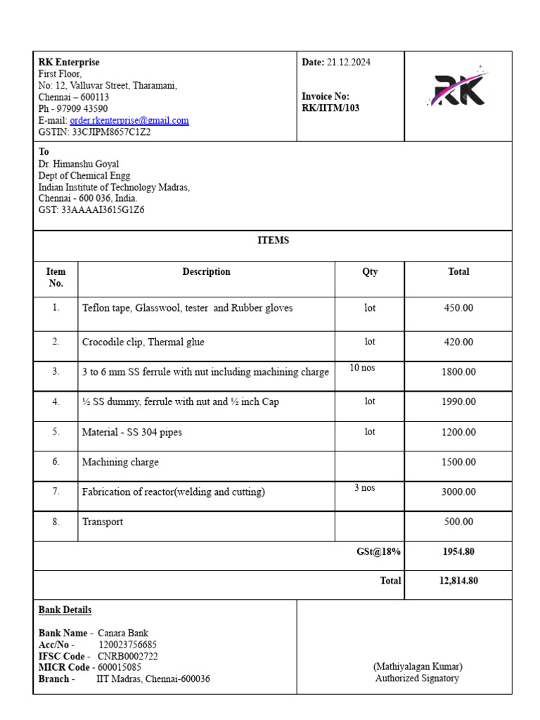 Invoice for Chemical Engineering Supplies | PDF