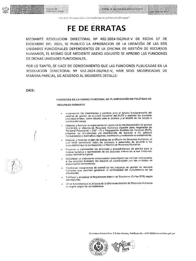 Fe de Erratas Funciones de RRHH | PDF