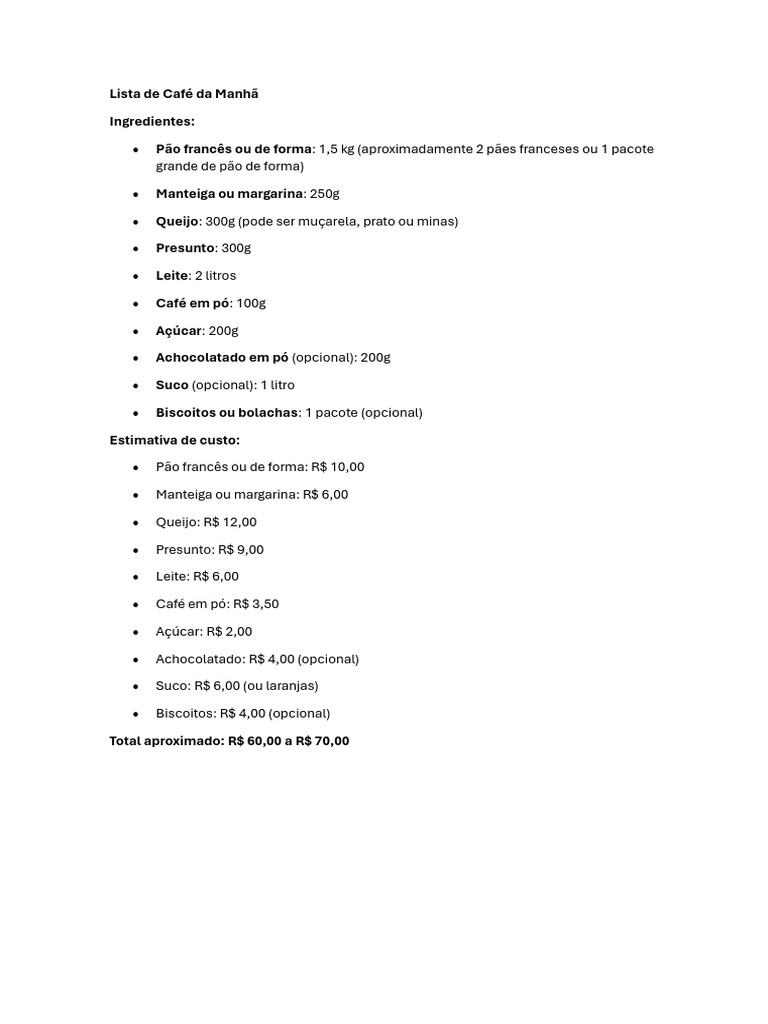 Lista Café Da Manha | PDF