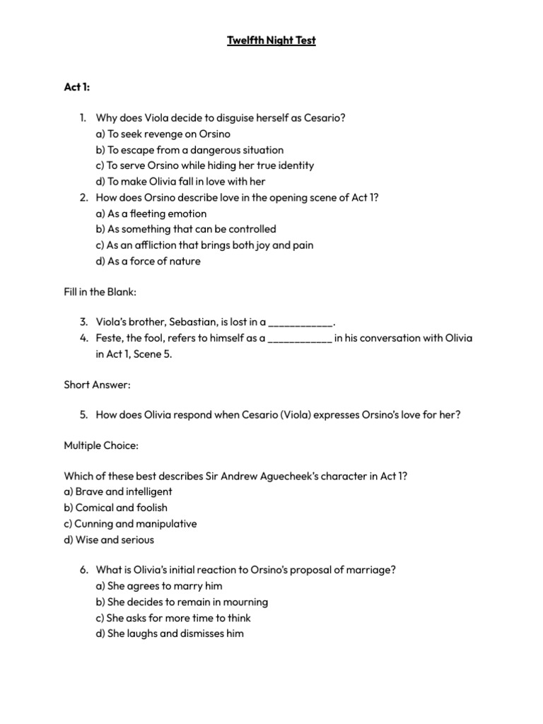 Twelfth Night Test Questions and Answers | PDF | Twelfth Night