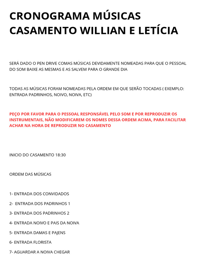 Cronograma Músicas Casamento Willian e Letícia (1) | PDF