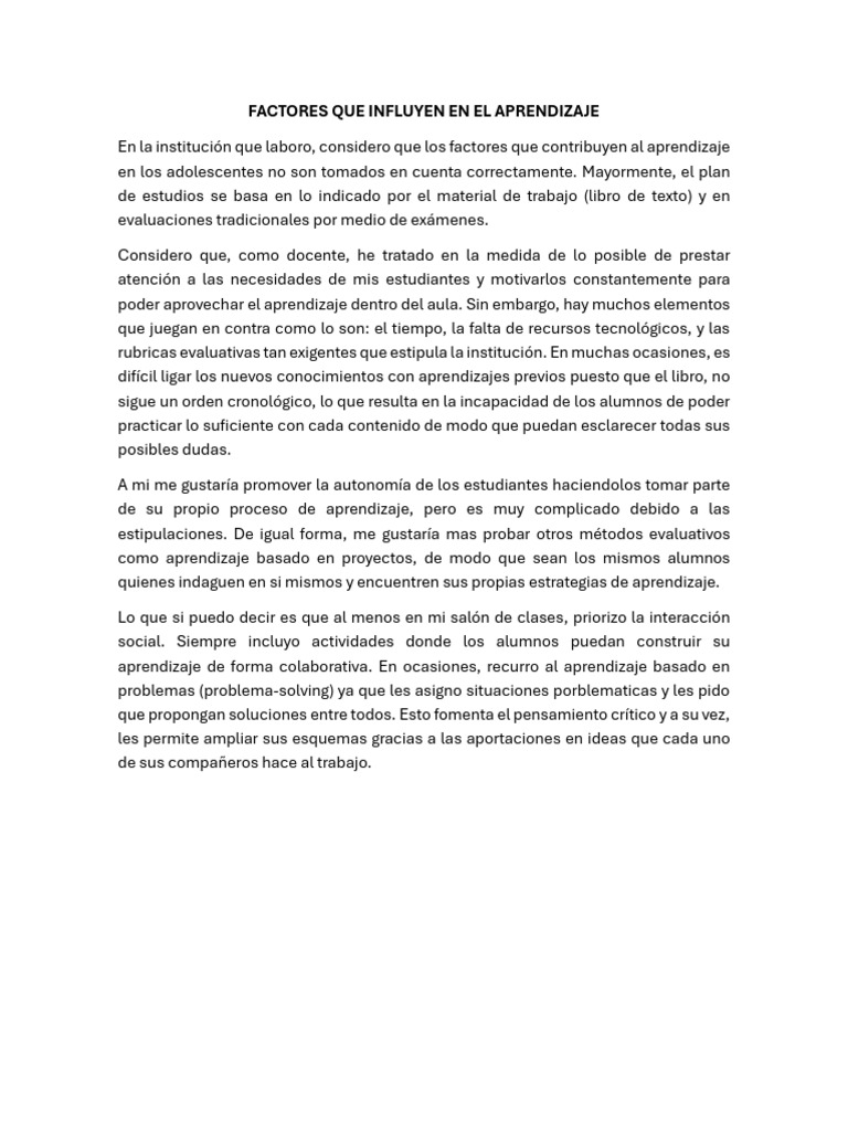 Factores Que Influyen en El Aprendizaje | PDF