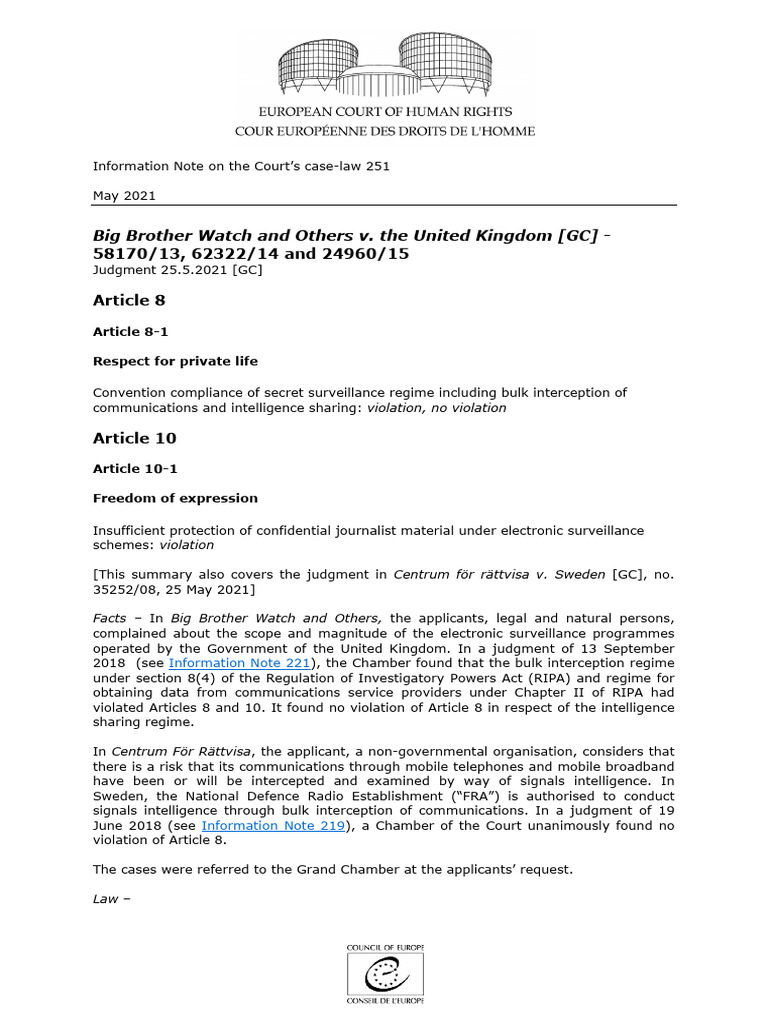 Big Brother Watch v. UK: Surveillance Ruling | PDF | European ...