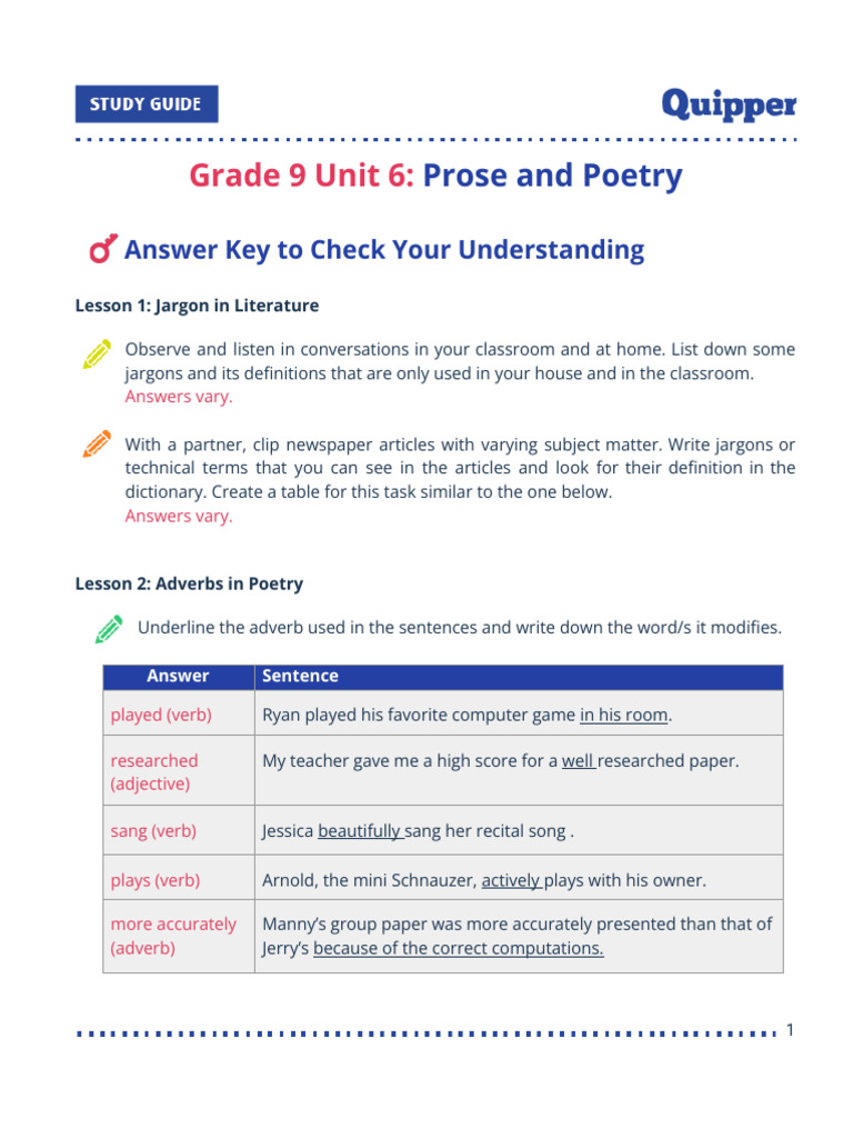 Answer Key - English Grade 9 - Unit 6 Prose and Poetry, 3 Topics | PDF ...