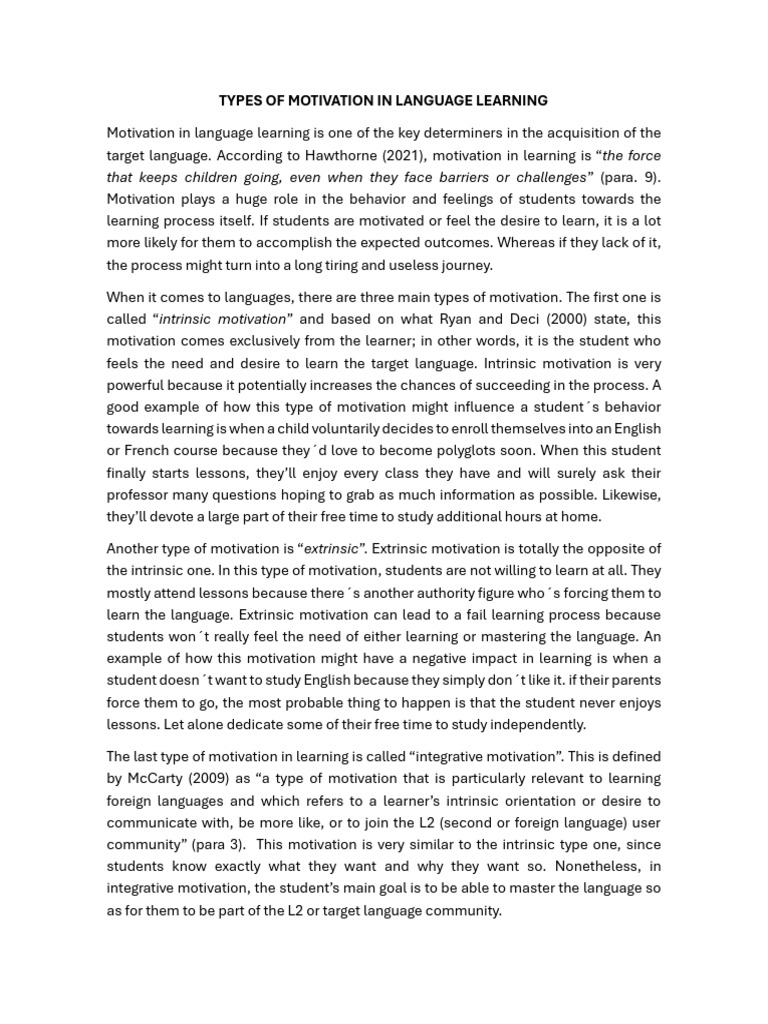 Types of Motivation in Language Learning | PDF | Motivational | Motivation