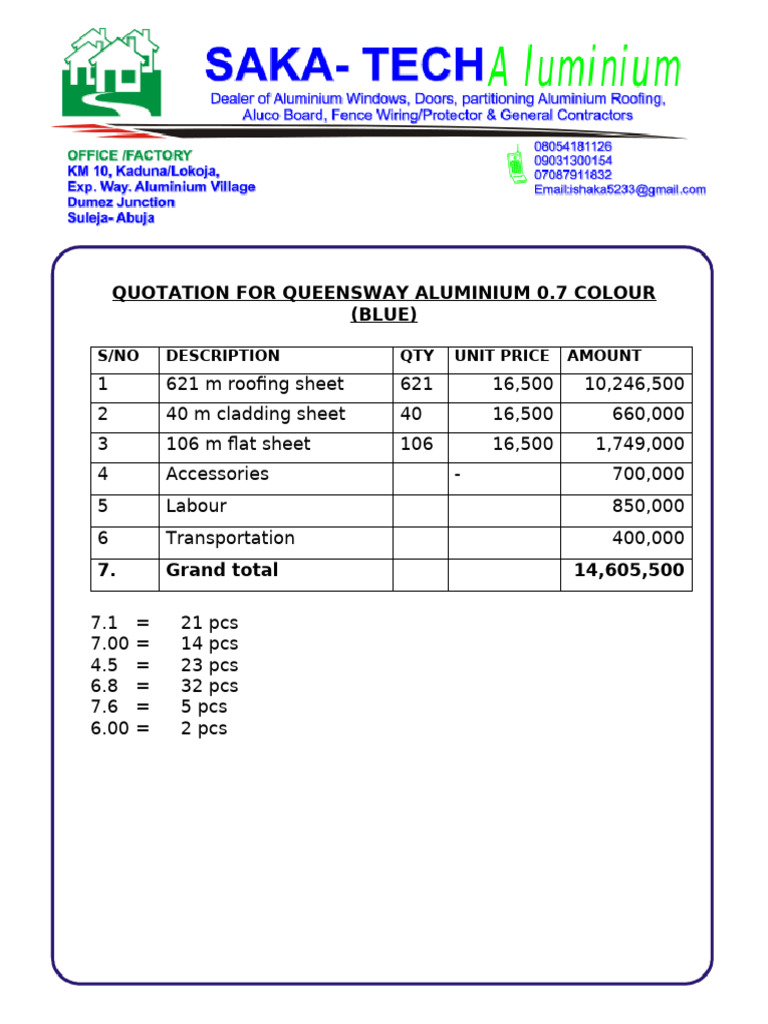 Quotation for Aluminium Roofing Sheets | PDF