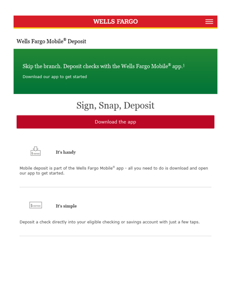 Mobile Deposit - Remote Deposit - Deposit by Phone - Wells Fargo | PDF ...