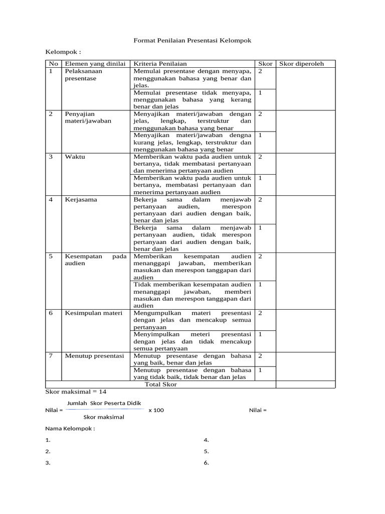 Format Penilaian Presentasi Kelompok | PDF
