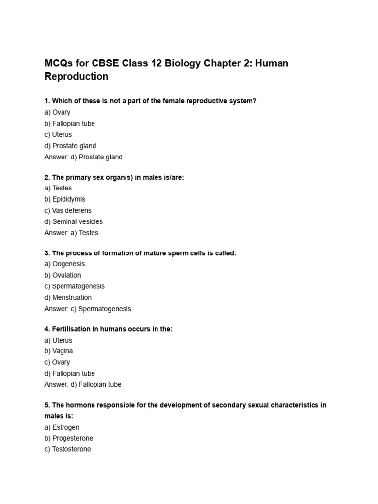 Chapter 2 Biology (Human-Reproduction) Mcqs | PDF